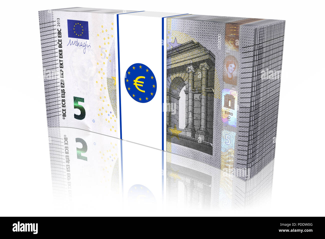 3D illustration. Pile of banknotes of 5 euro on a white background ...