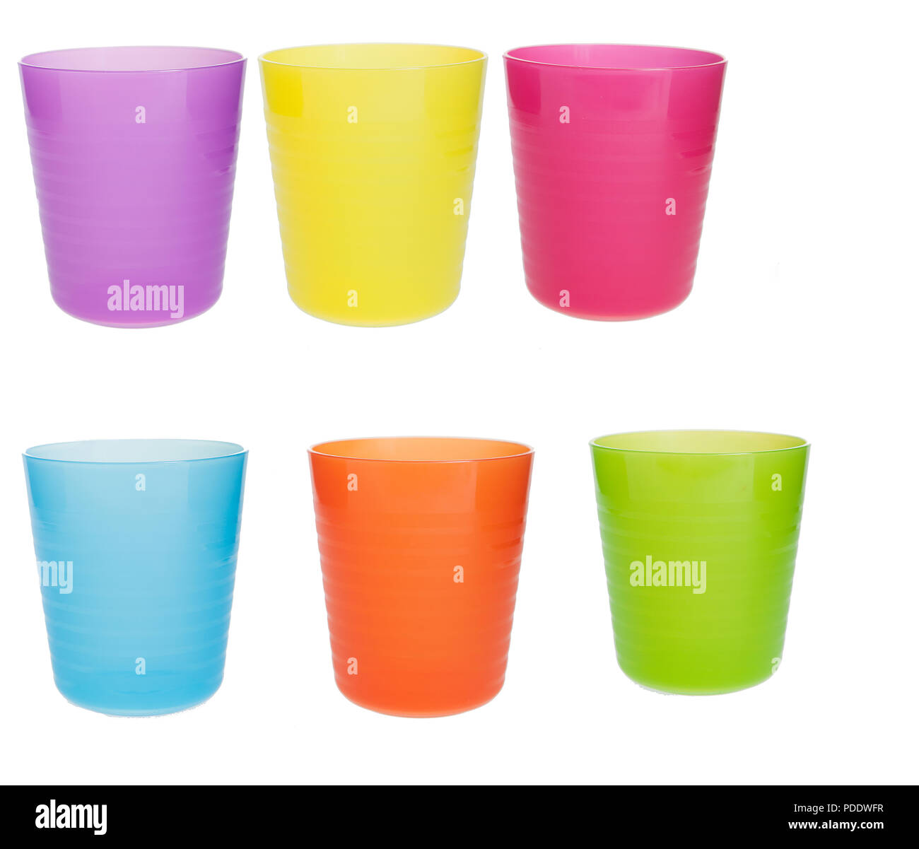Multicolor plastic cups on white background isolated. Modern cup design ...