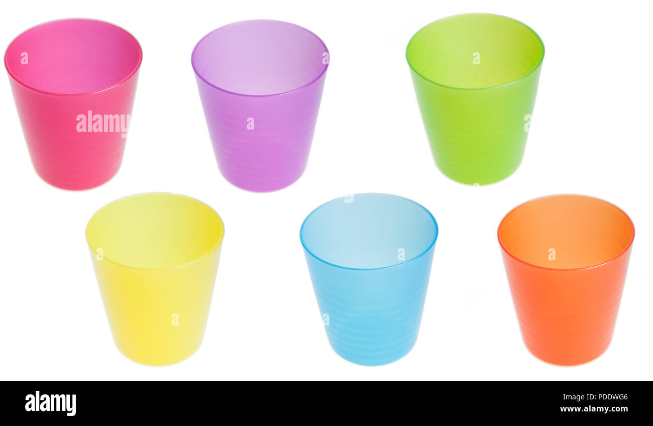 Multicolor plastic cups on white background isolated. Modern cup design ...