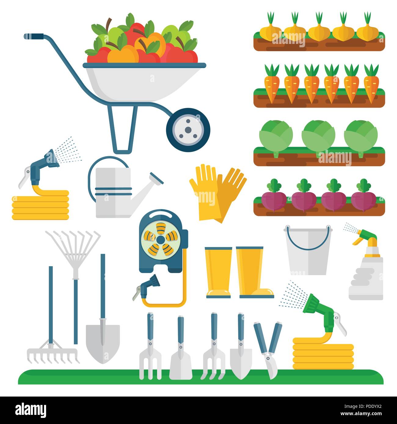 Garden tools, machinery for harvesting and farmers character Stock ...