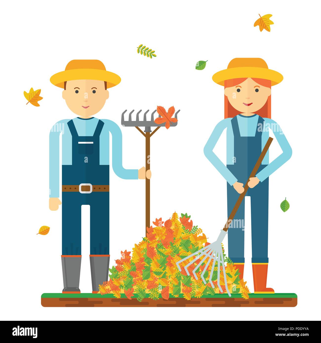 Farmers rake autumn leaves. Farmers characters. Flat vector ...