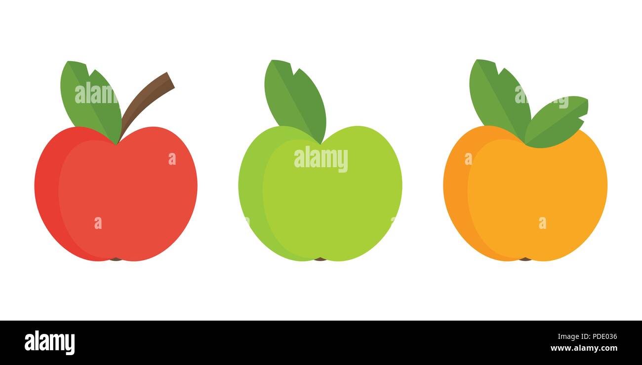 Three color apple set. Flat vector cartoon illustration Stock Vector ...