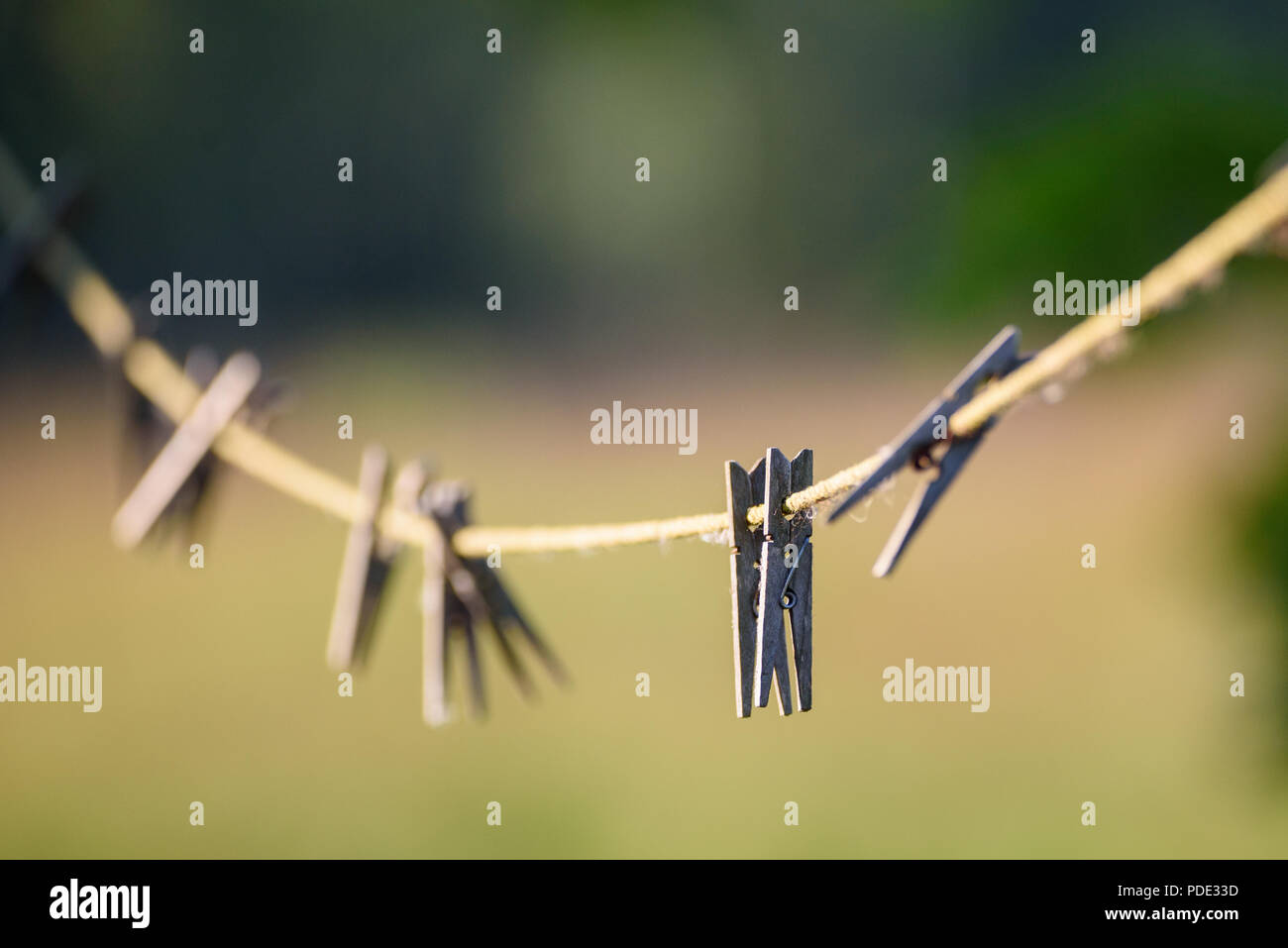 Wooden pegs on string for clothes drying Stock Photo - Alamy