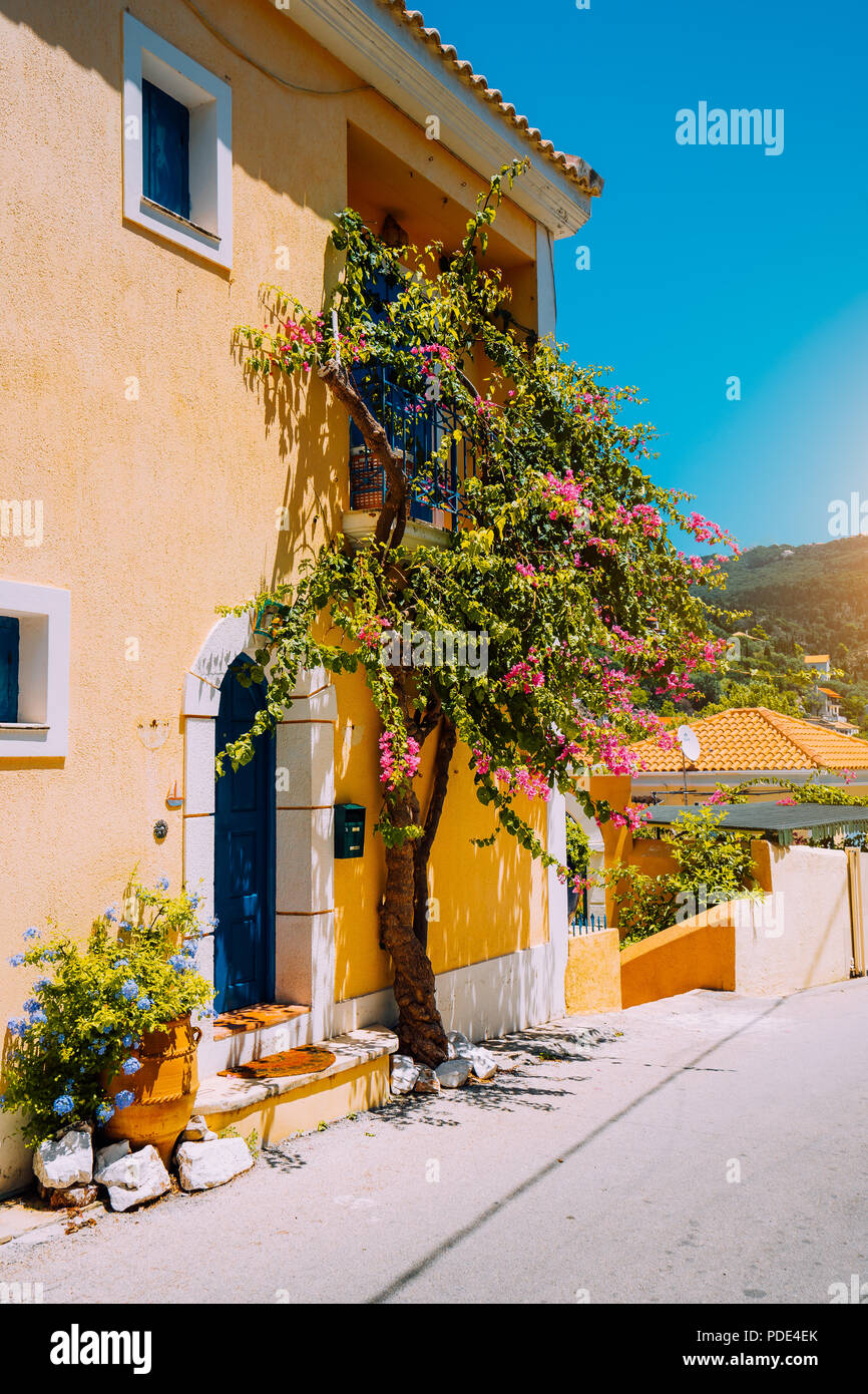 Assos village. Traditional yellow colored greek house with bright blue ...