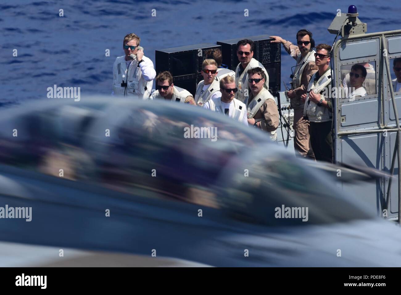 MEDITERRANEAN SEA (May 15, 2018) Sailors on the landing safety officer ...