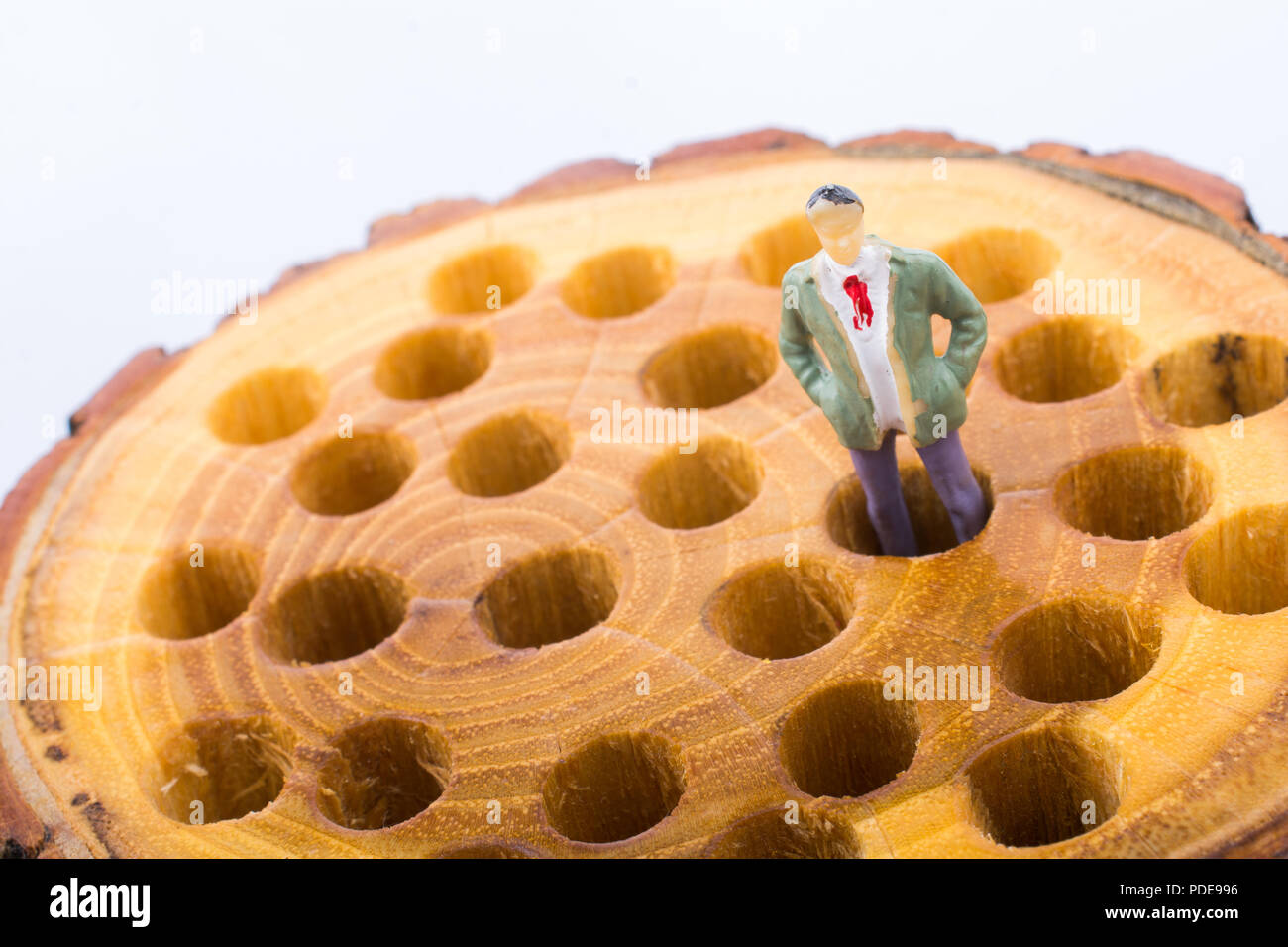 Little man figurine places on a wooden log Stock Photo - Alamy