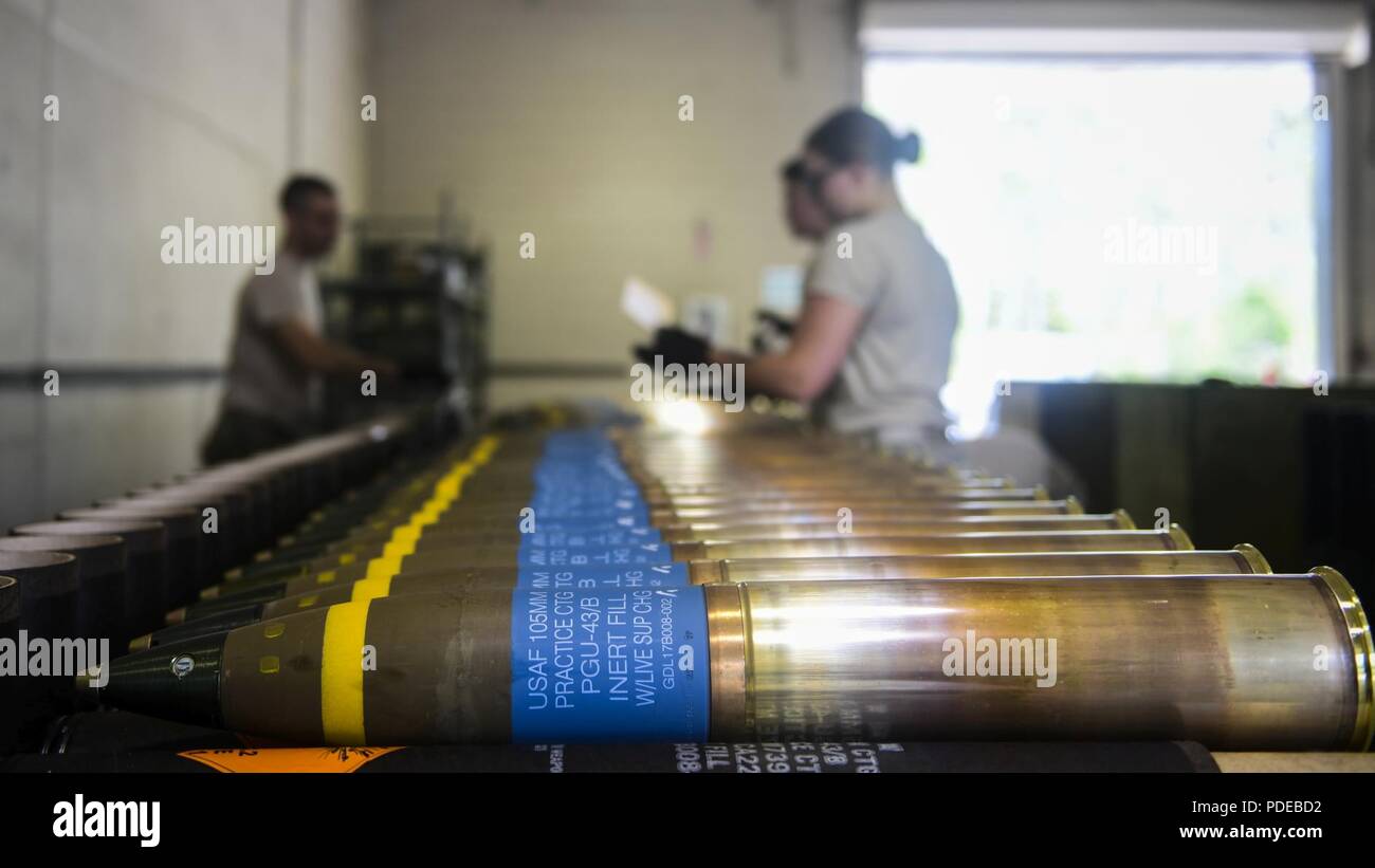 105mm target practice rounds rest on a table at Hurlburt Field, Fla ...