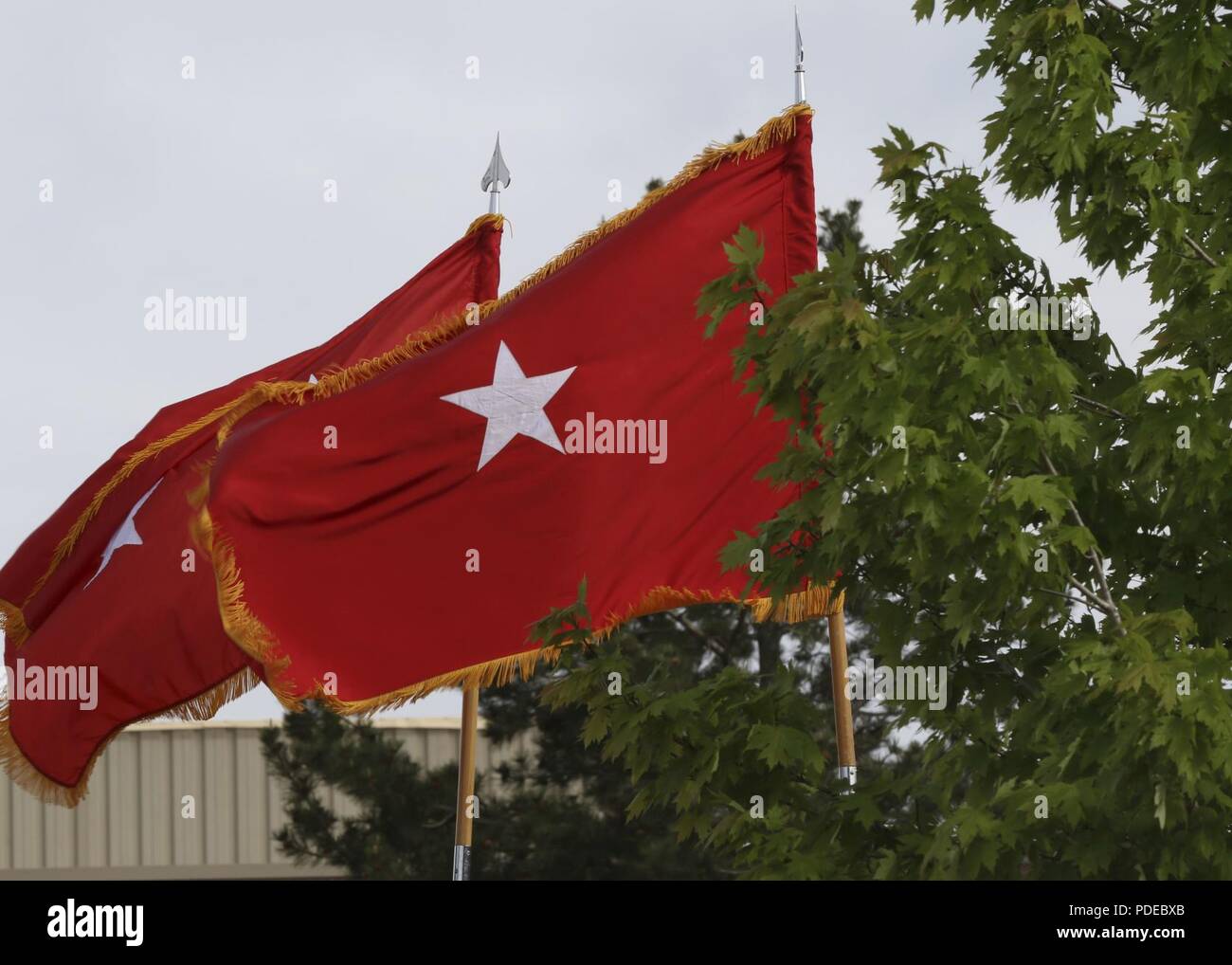 General officers' flags blow in the wind during the retreat and ...