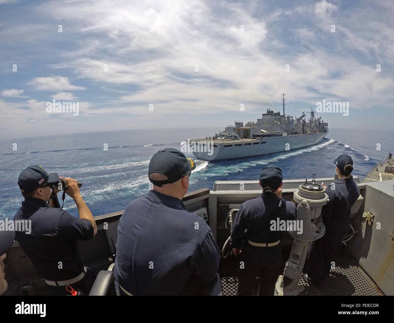 MEDITERRANEAN SEA (May 16, 2018) Sailors stand watch on the port bridge ...