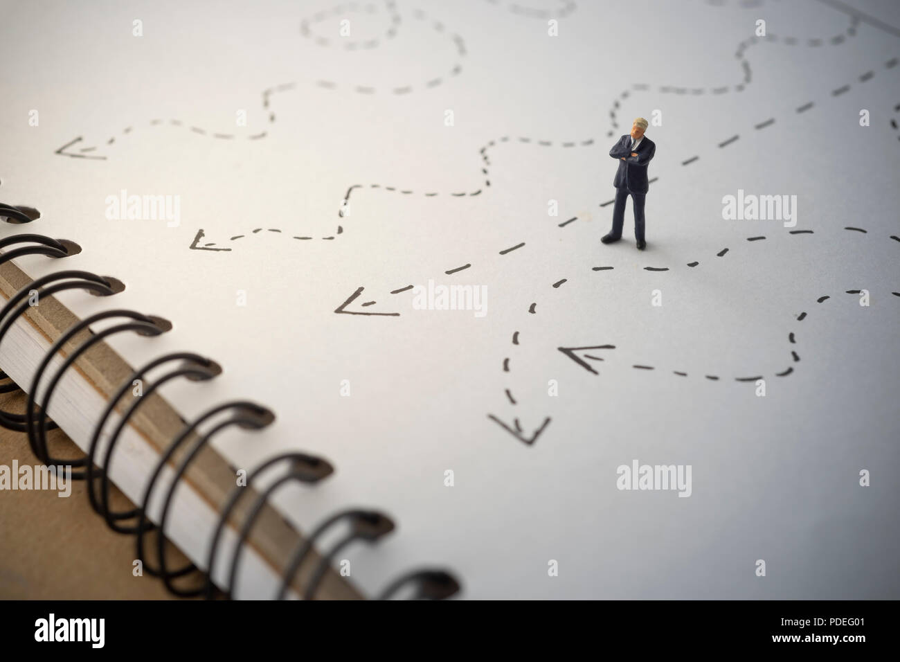Business decision concept. Businessman thinking with many arrow path ...