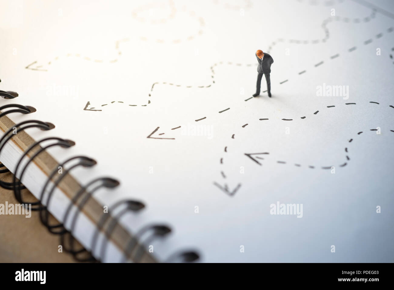 Business decision concept. Businessman thinking with many arrow path ...