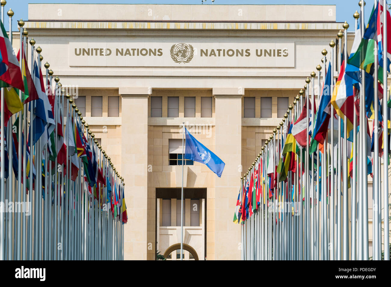Flags of the members of the United Nations flying from a row of flag ...