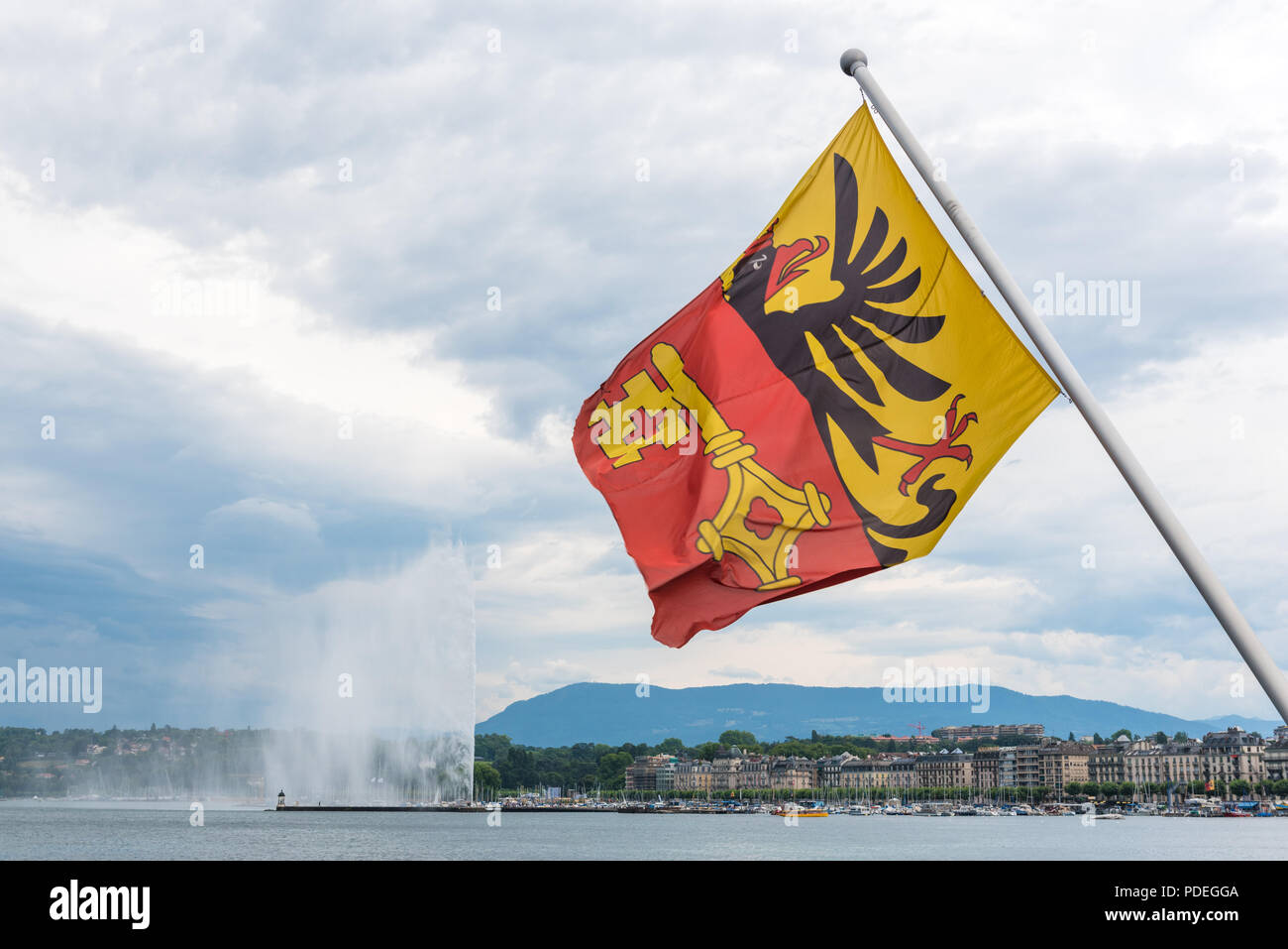 Flag of the Bishopric of Geneva flying from a pole on Pont du Mont ...