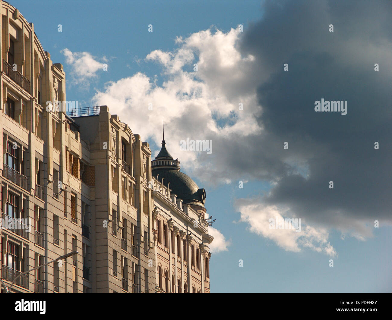 Top of buildings and a black cloud coming, outdoor cropped shot Stock ...