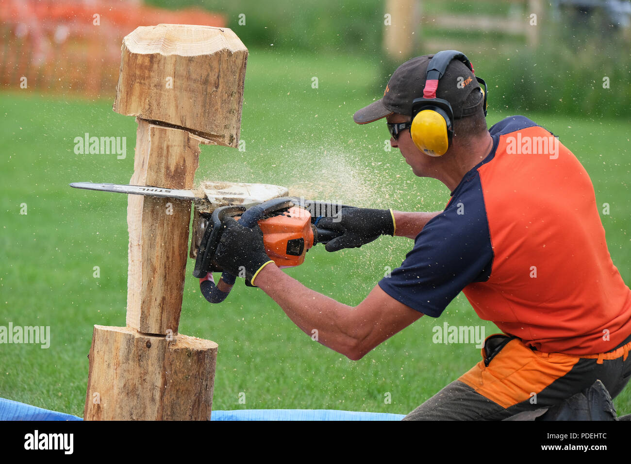 Forestry worker in chain saw wood carving competition at agricultural ...