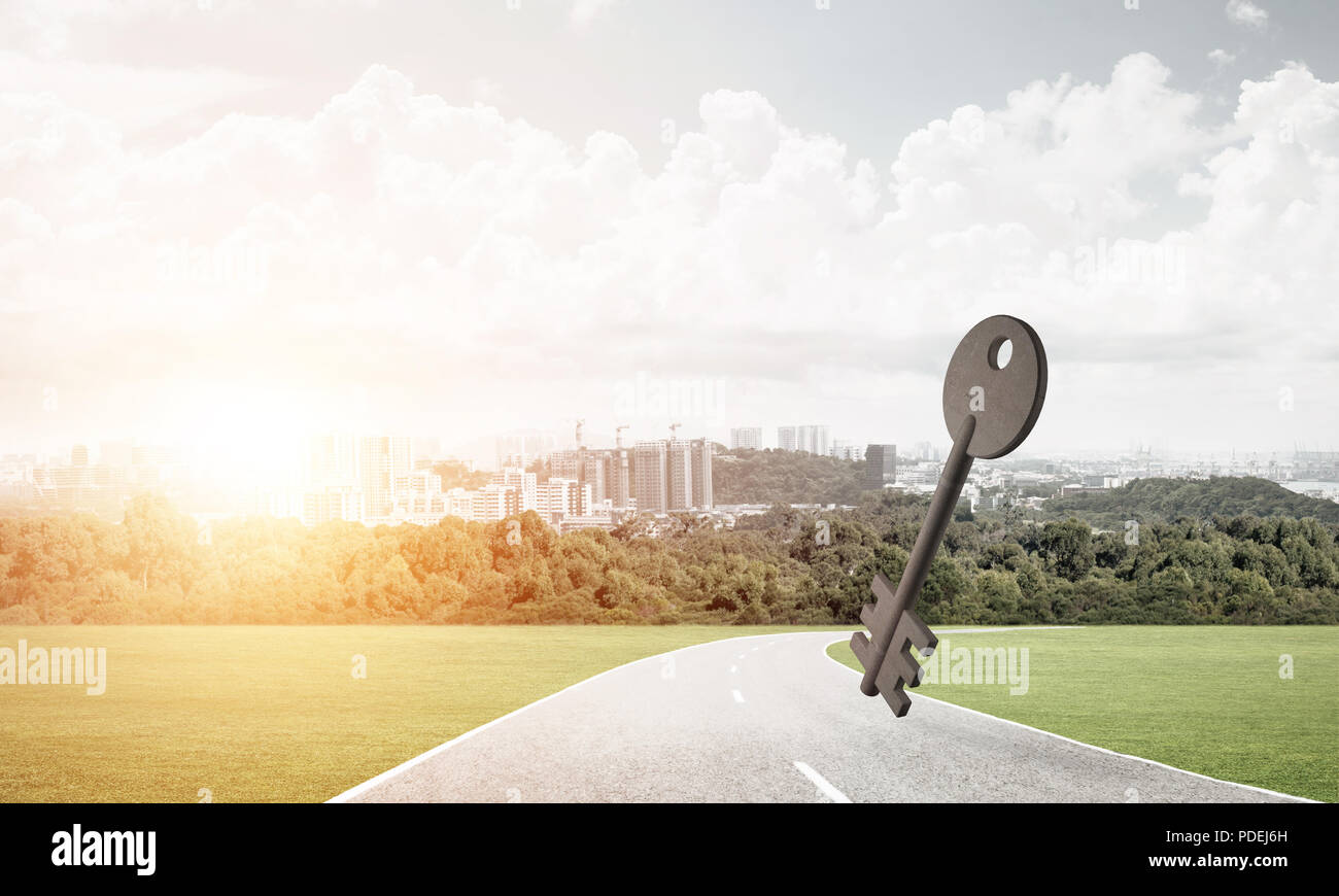 Conceptual background image of concrete key sign on asphalt road Stock ...