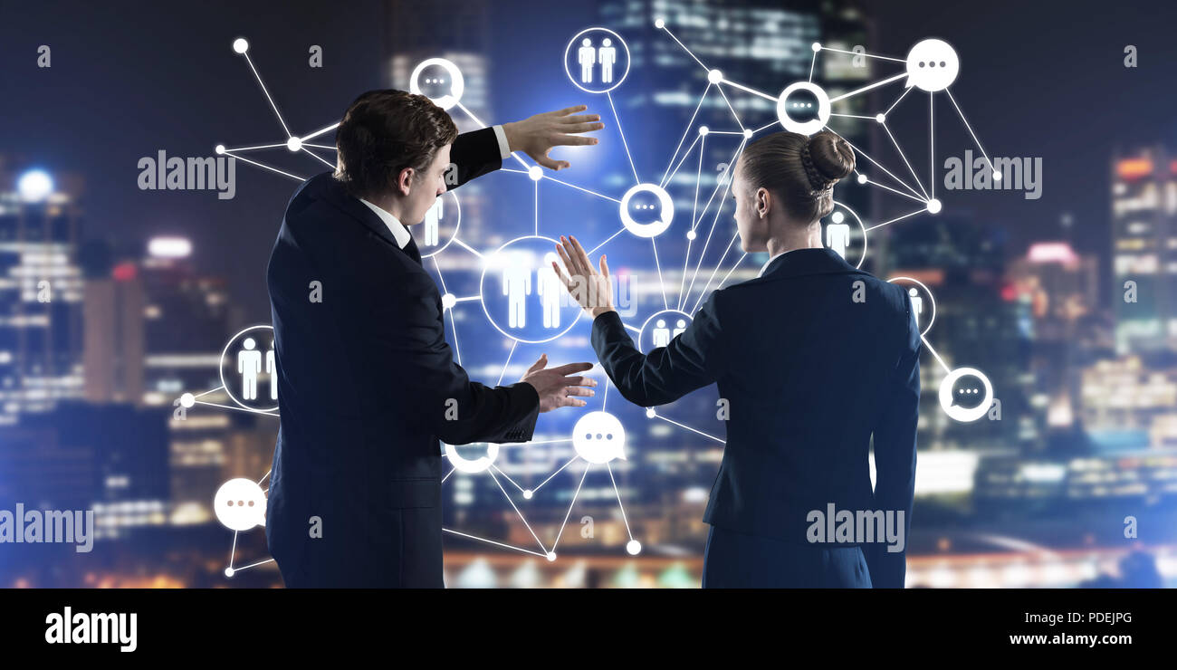 Concept of social connection and networking against night city view and ...