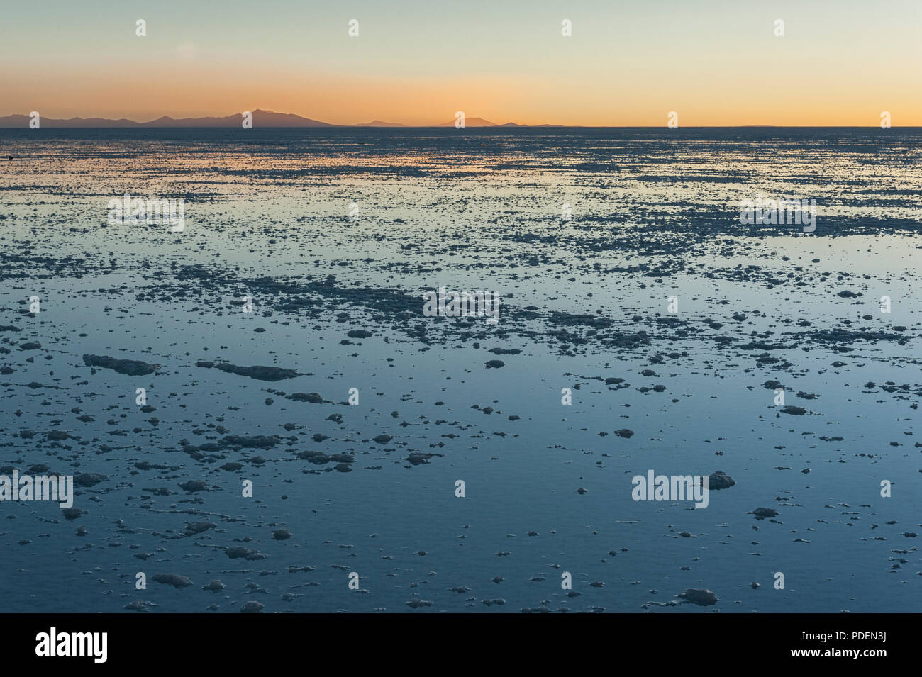 Sunset in the Salar de Uyuni, near Colchani. It is the largest salt ...