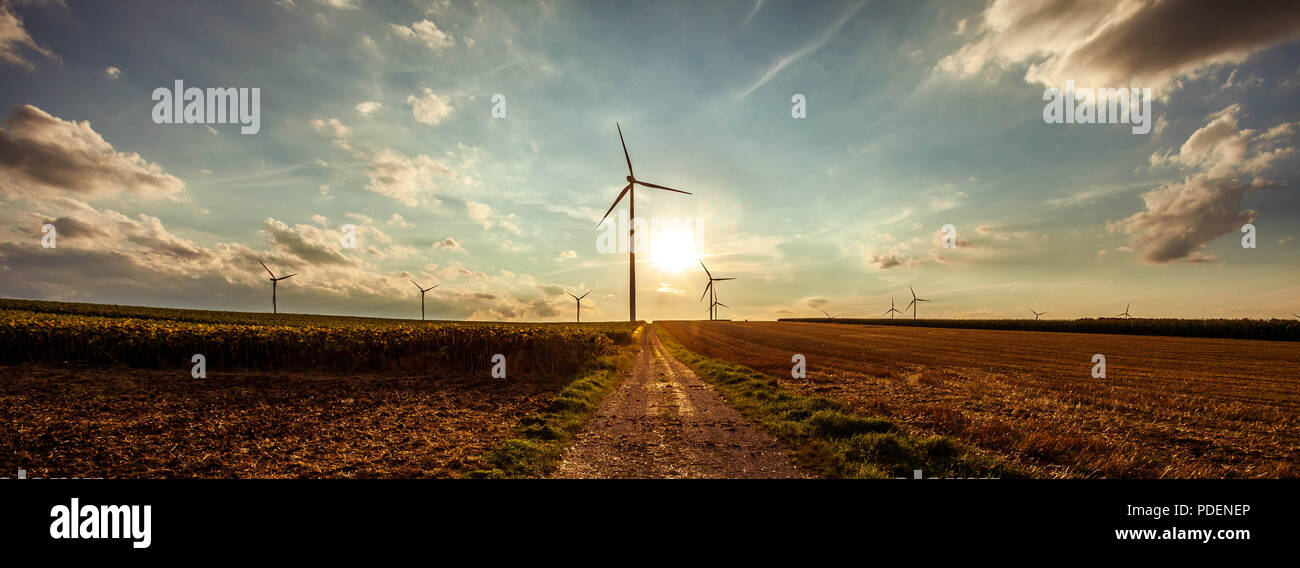Beautiful panoramic rural landscape with silhouettes of wind power ...