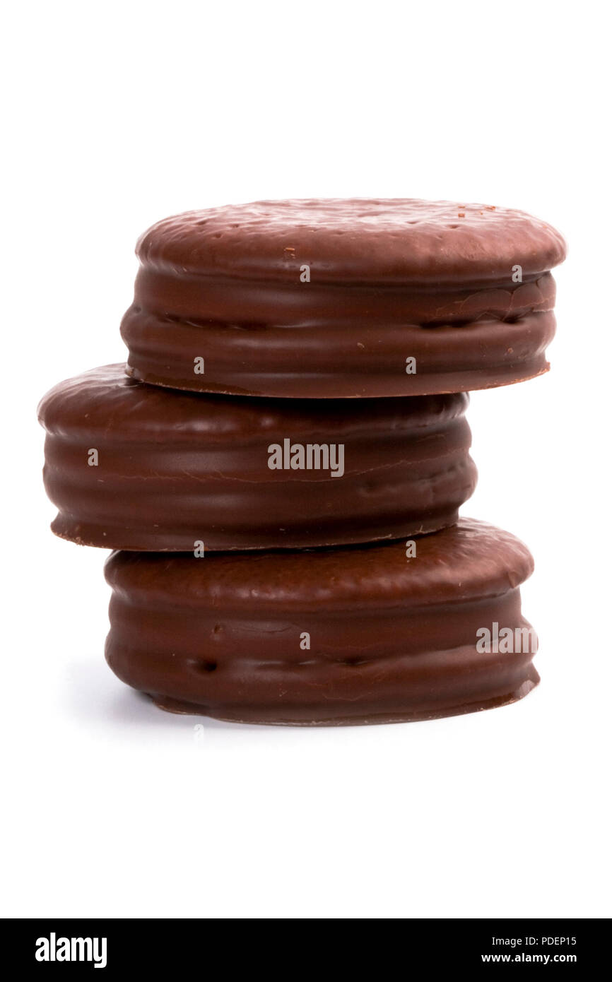 three chocolate cookies isolated on white background Stock Photo - Alamy
