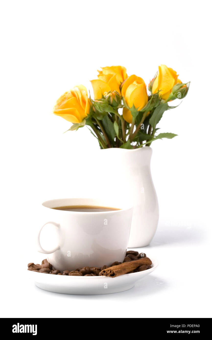 yellow flowers bouquet and cup of coffee on white background Stock ...