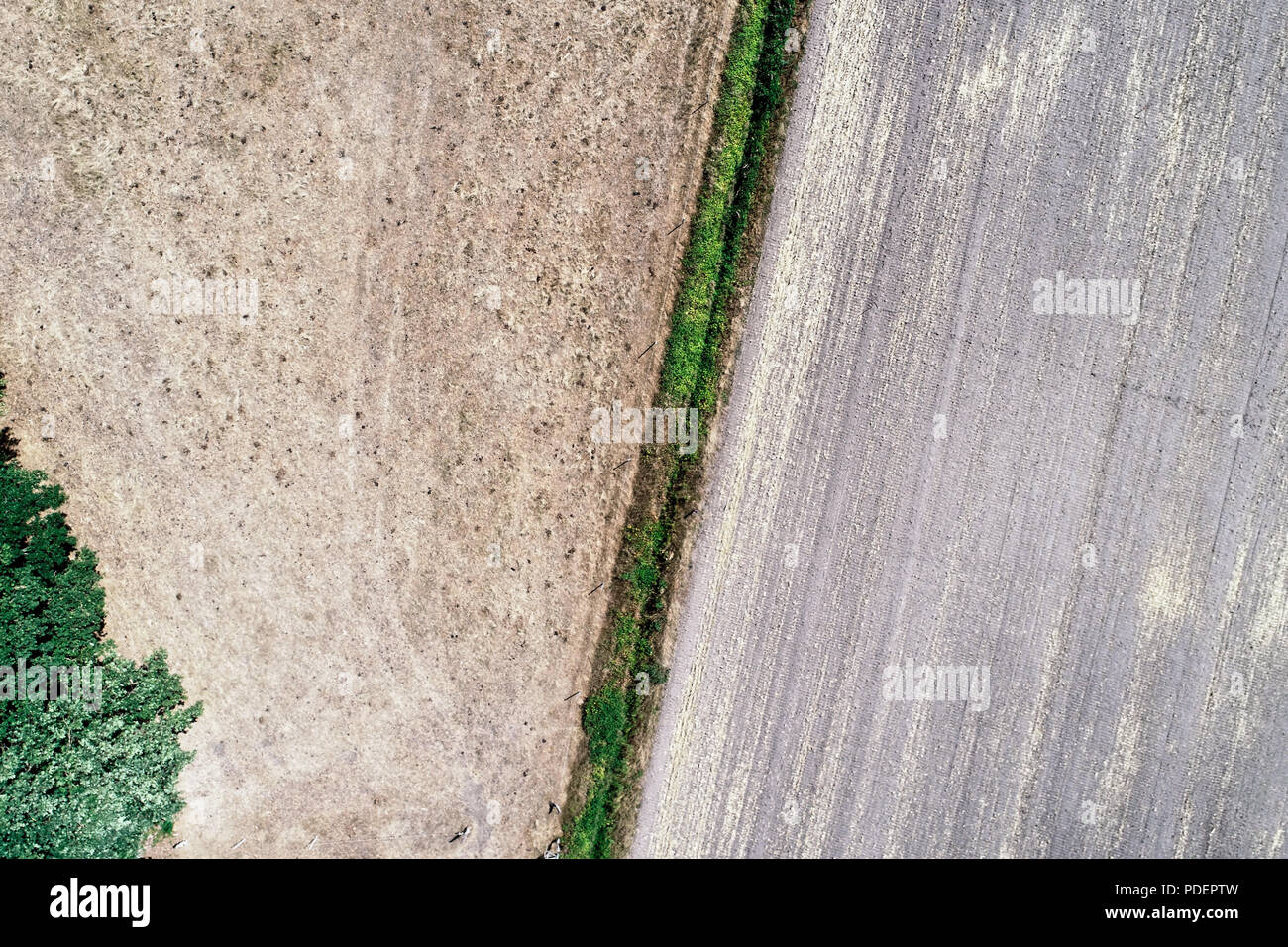 Abstract image from a vertical aerial view of a narrow dry moat cutting ...