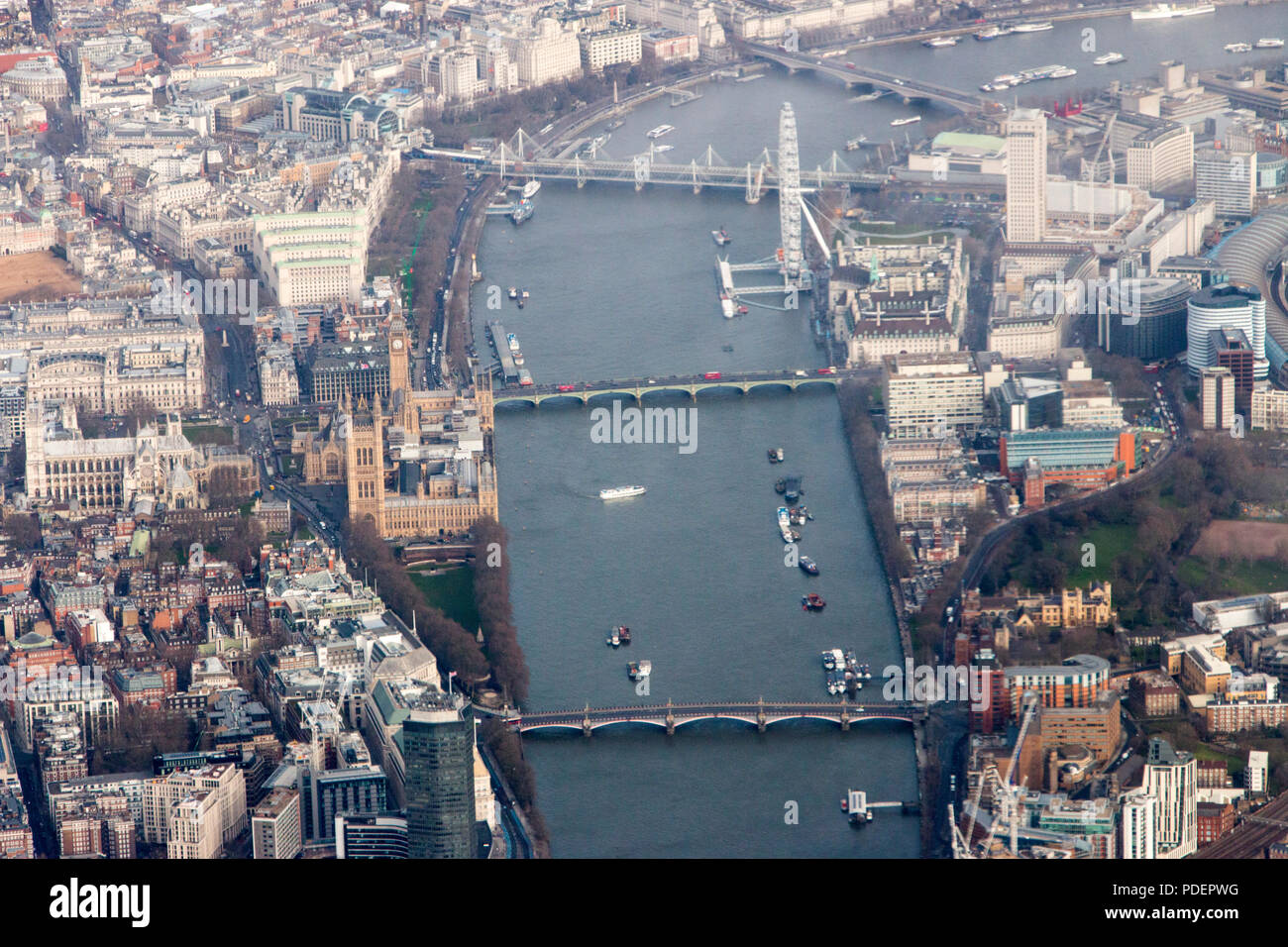 Aerial view of Central London, River Thames, London Eye and financial ...