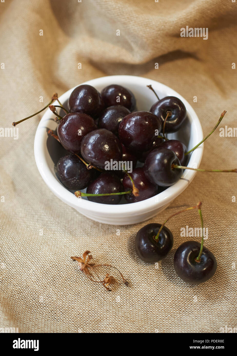 Appetising fresh Morello Cherries in white bowl on a hessian cloth on a ...