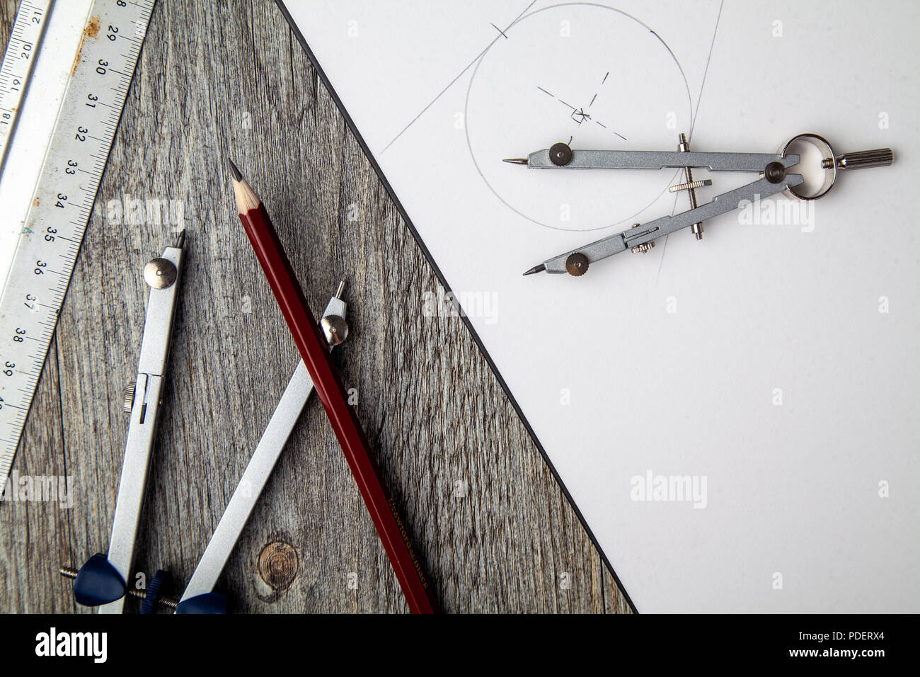 Technical Drawing with Compass, Pencil & Steel Rule Stock Photo - Alamy
