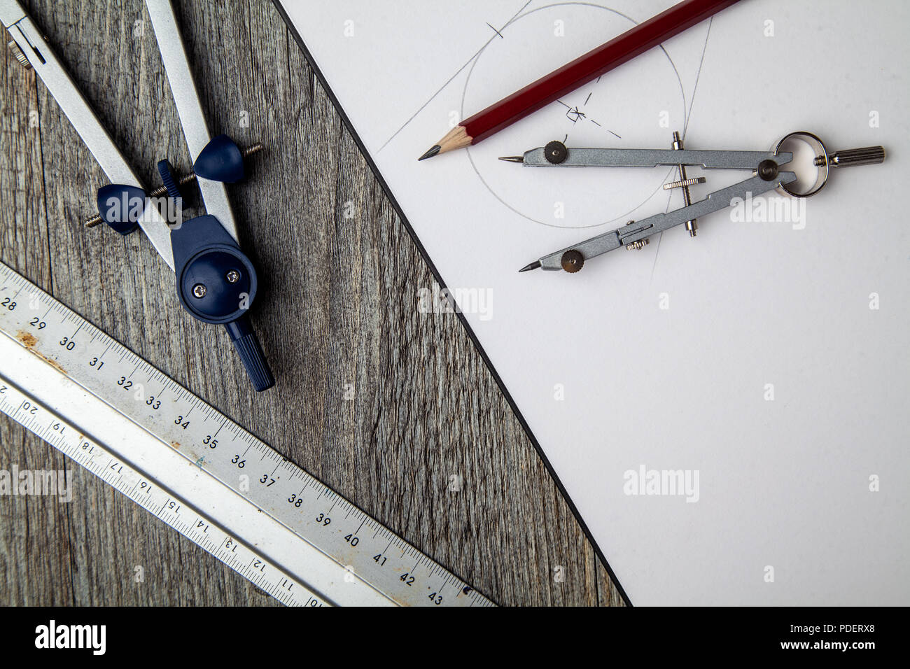 Technical Drawing with Compass, Pencil & Steel Rule Stock Photo - Alamy