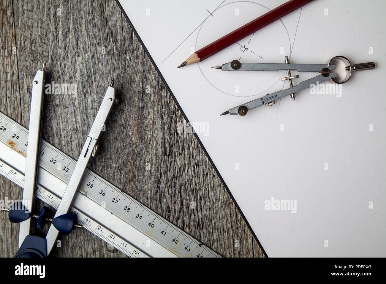 Technical Drawing with Compass, Pencil & Steel Rule Stock Photo - Alamy