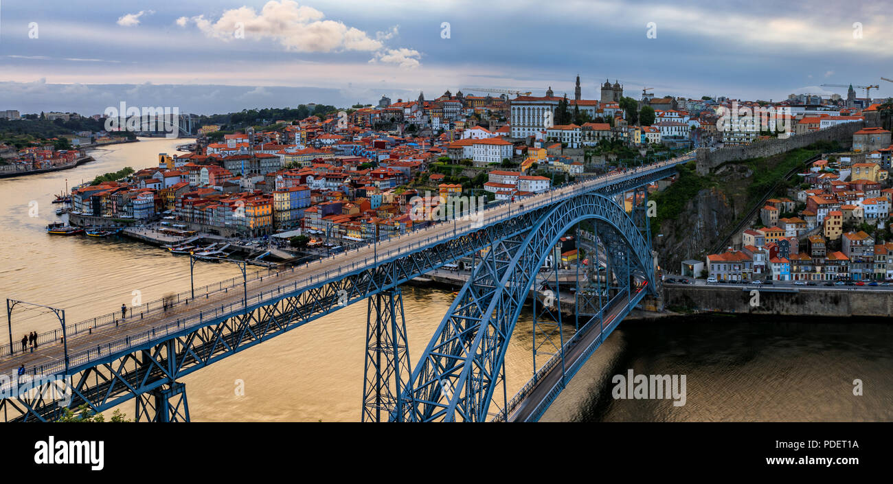 Panoramic view of cityscape of Porto, Portugal over Dom Luis I Bridge ...
