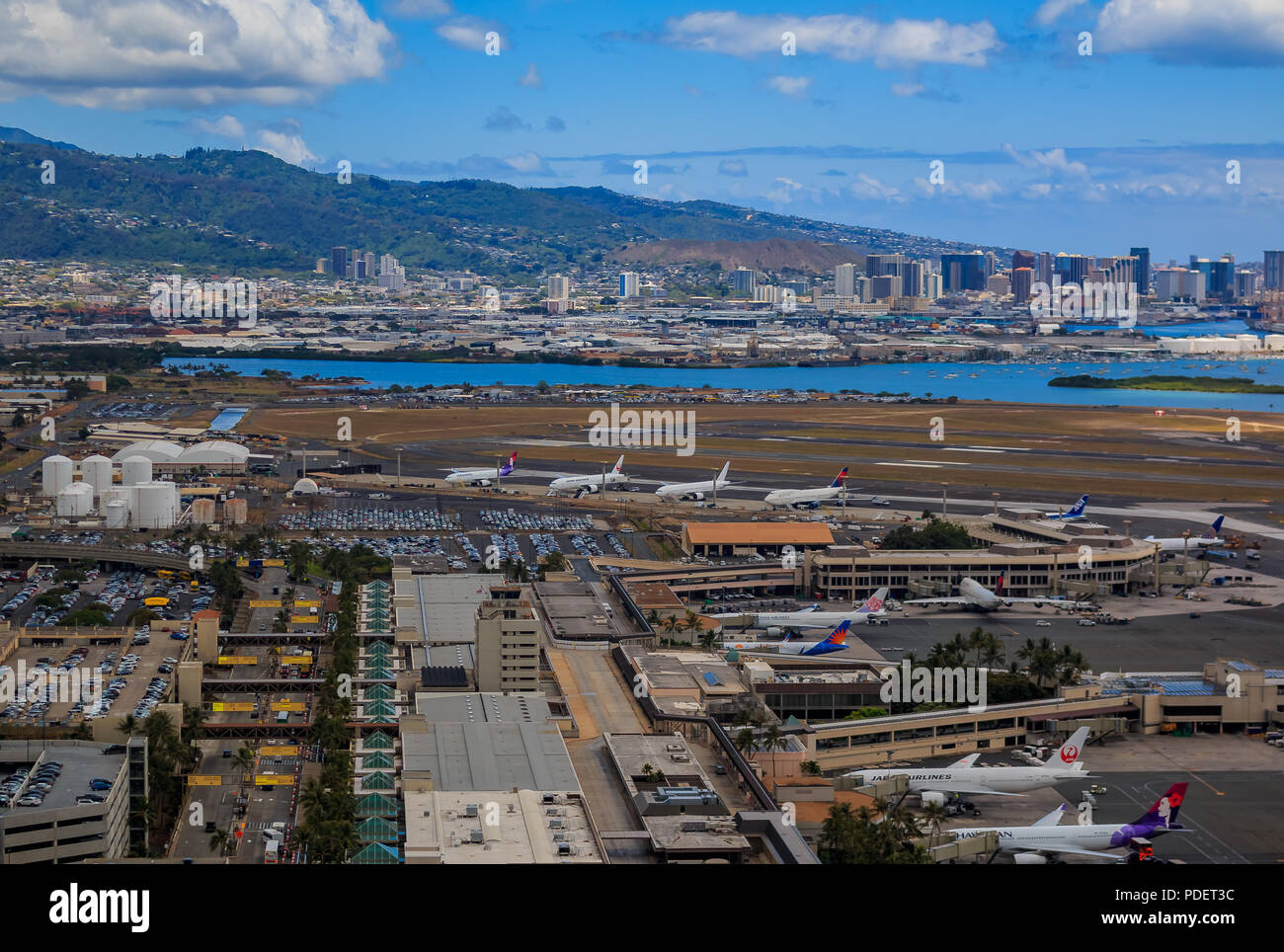 Honolulu, Hawaii, USA - May 25, 2015: Aerial view of downtown Honolulu ...