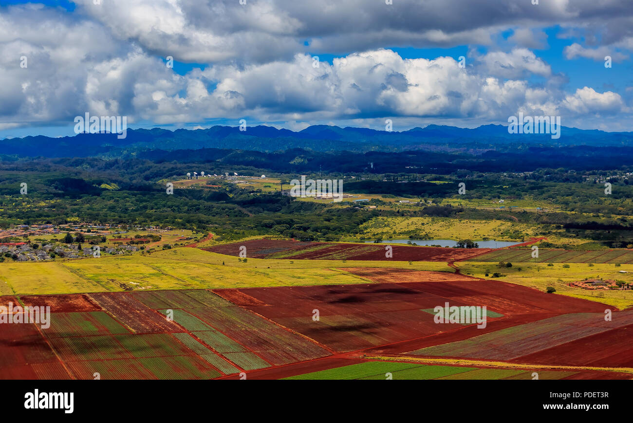 Aerial view of pineapple fields and landscape in Oahu Hawaii from a ...