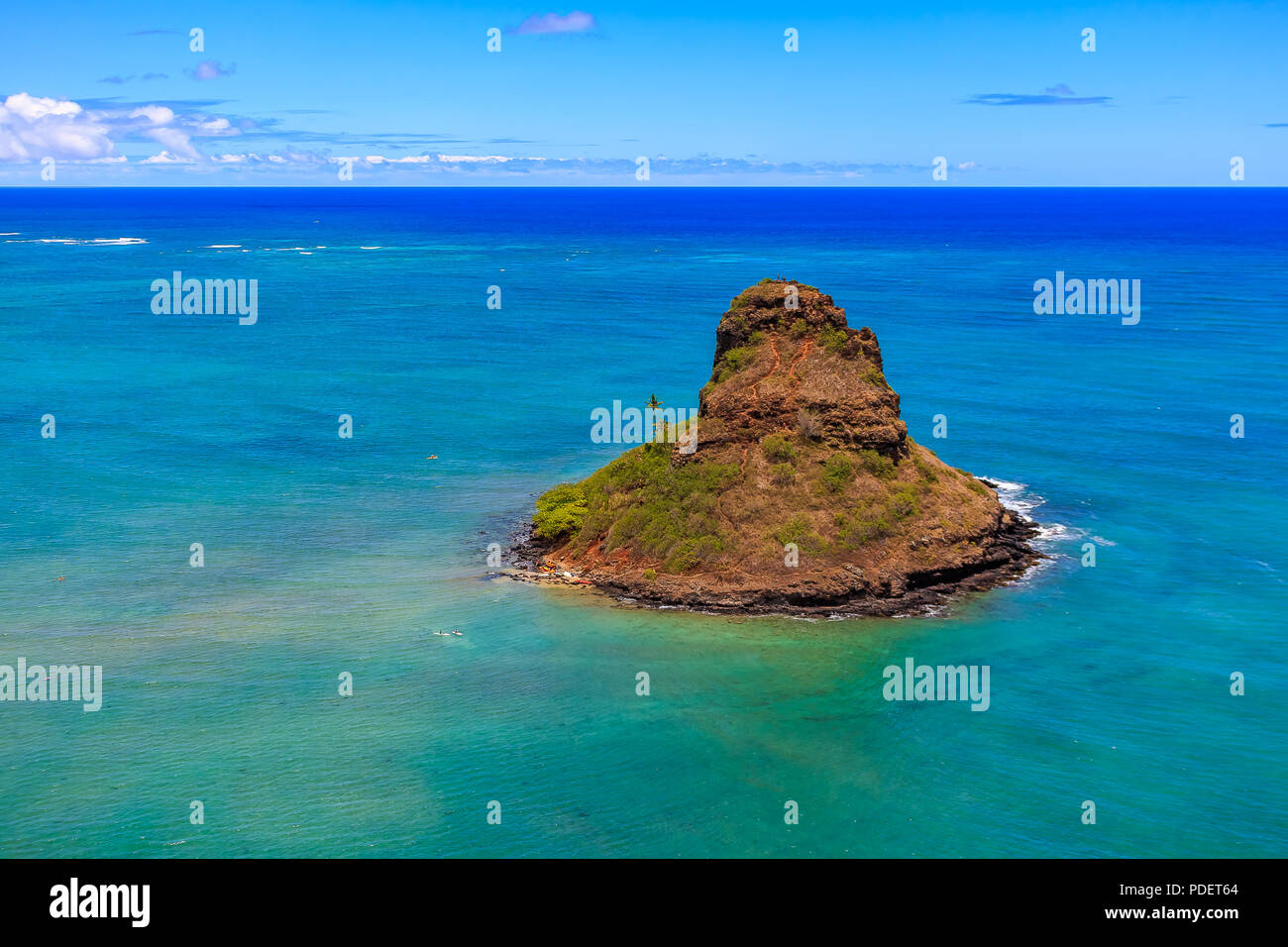 Aerial view Oahu's coastline and Mokoli'i Island (previously known as ...