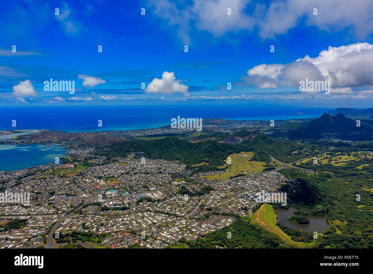 Aerial view Honolulu coastline in Hawaii from a helicopter Stock Photo ...