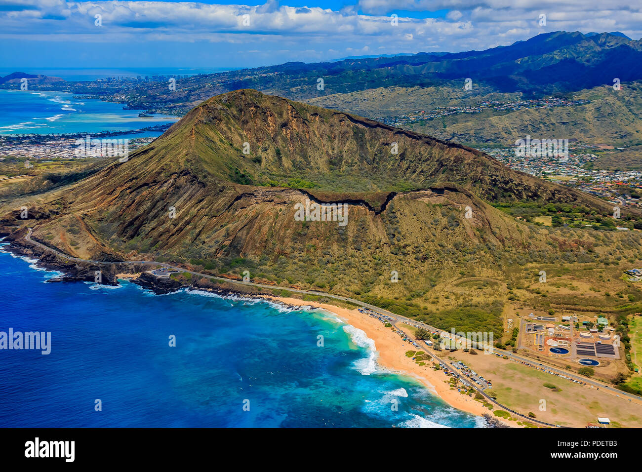 Aerial view of Koko Head, Maunalua Bay lagoon and Honolulu coastline in ...