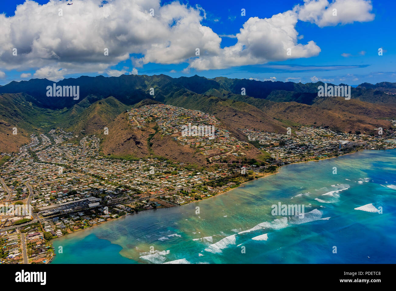 Aerial view Honolulu coastline in Hawaii from a helicopter Stock Photo ...