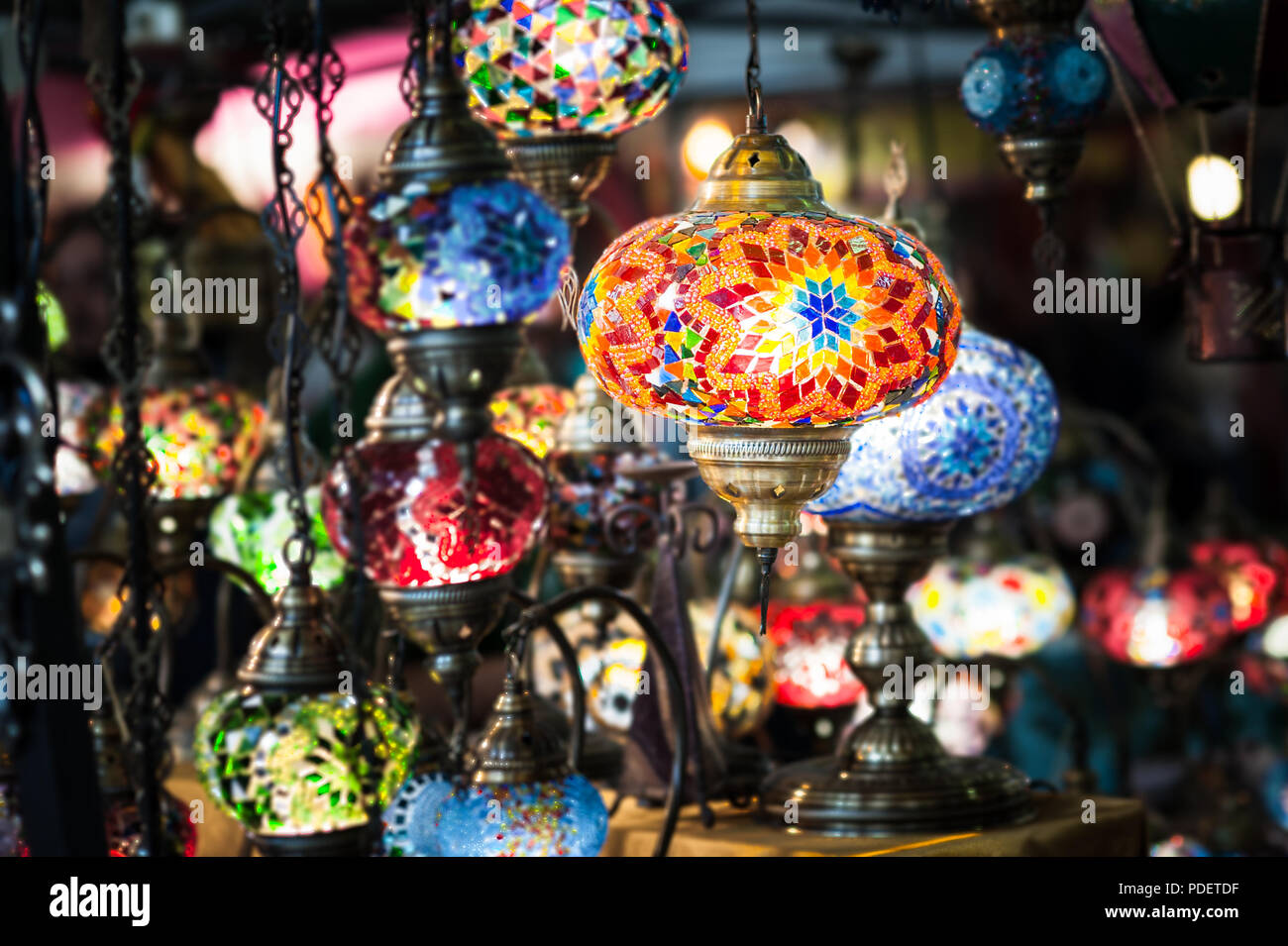Traditional vintage Turkish lamps over light background in the night ...