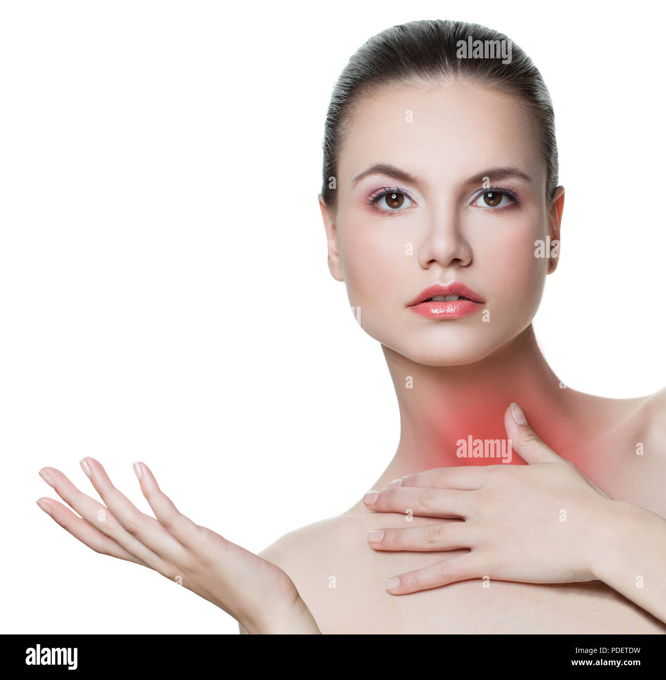Woman With Sore Throat Showing Empty Copy Space On The Open Hand