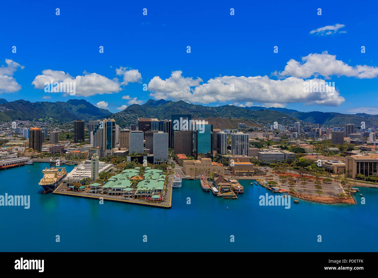 Aerial view of downtown Honolulu Hawaii from a helicopter Stock Photo ...