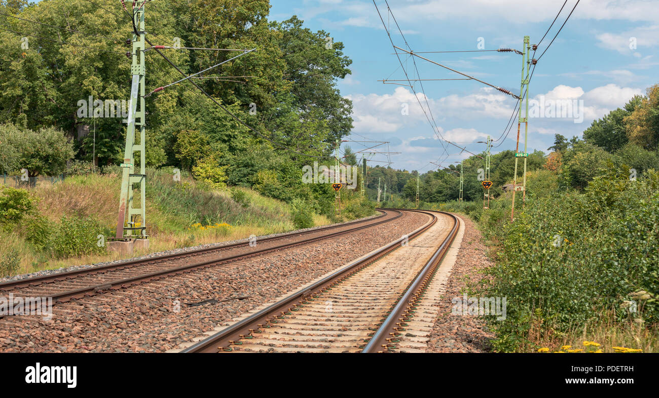 Empty railroad or railway train track leading off into the distance ...