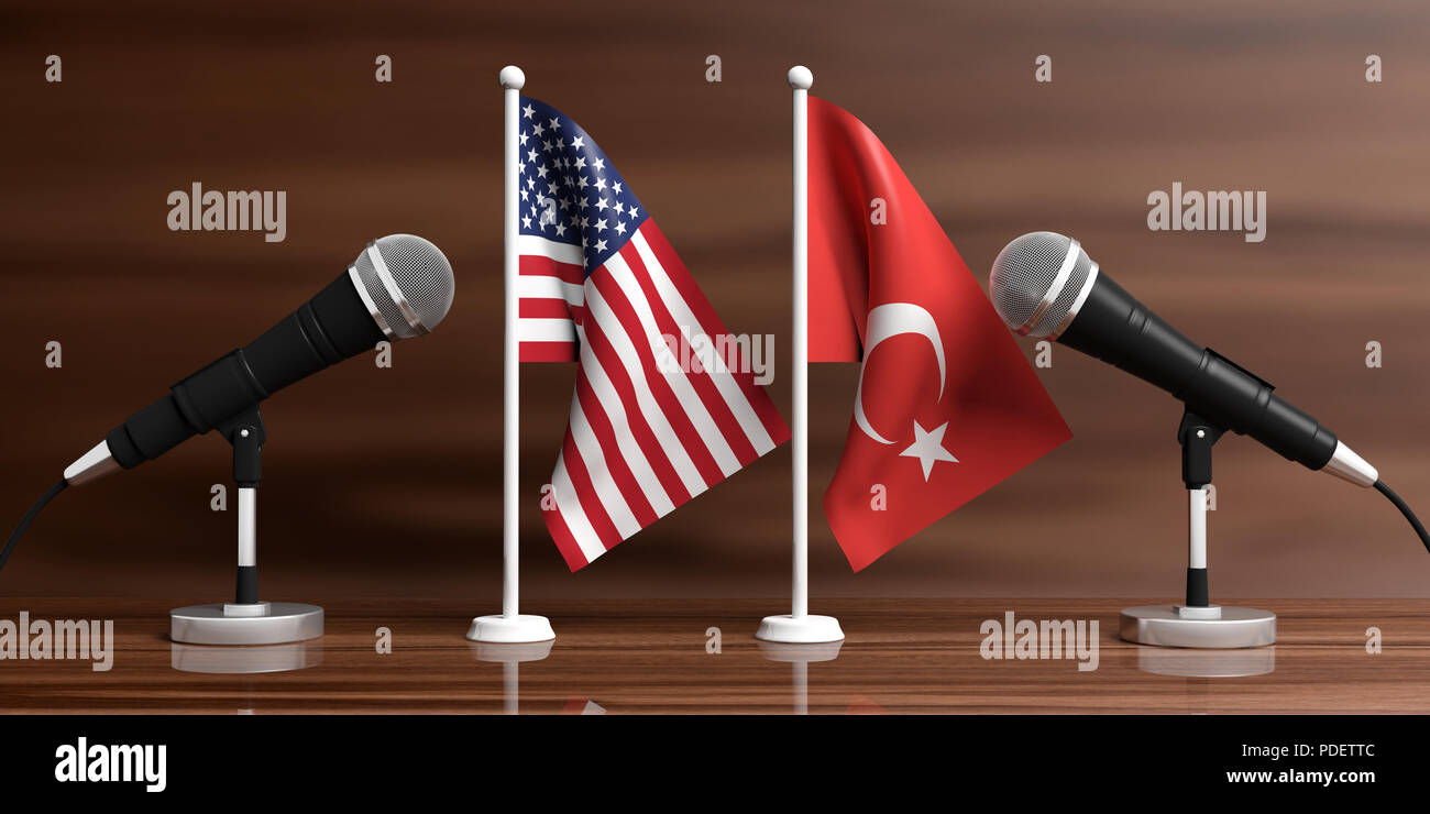 USA and Turkey relations. US of America and Turkey miniature flags and ...