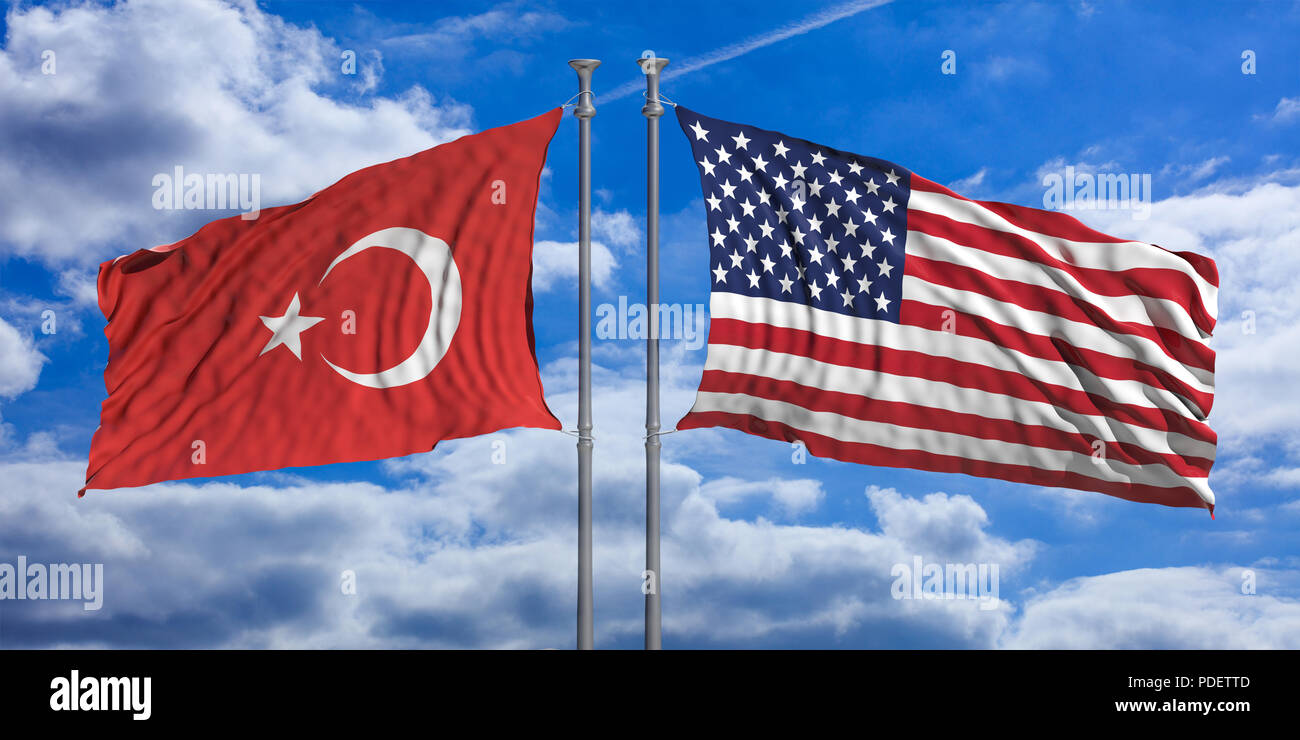 USA and Turkey relations. American and Turkish waving opposite flags on ...