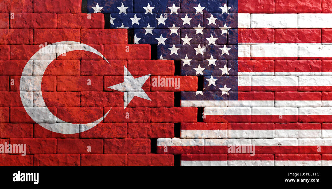 USA and Turkey relations. American and Turkish flags on cracked brick ...