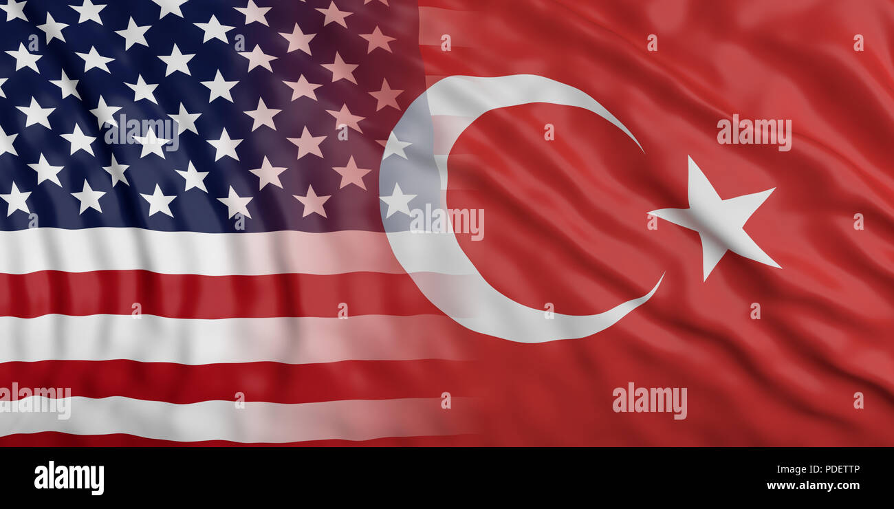 USA and Turkey relations. American and Turkish waving merged flags ...