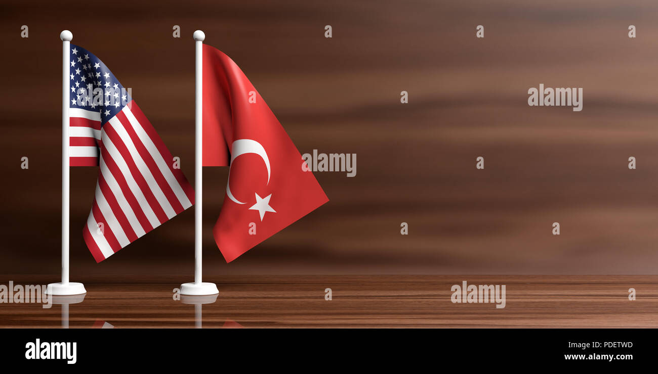 USA and Turkey relations. US of America and Turkey miniature flags on ...