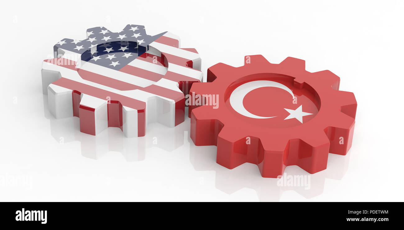 USA and Turkey relations. American and Turkish flags on gears, isolated ...