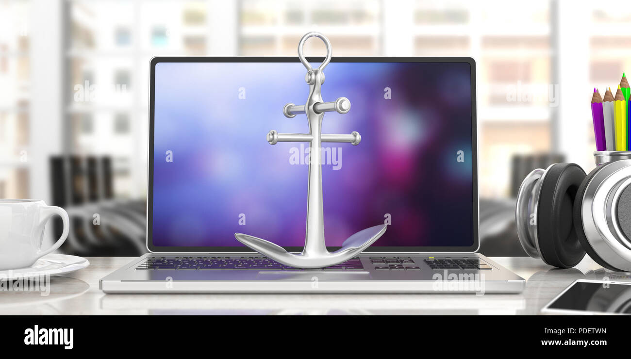Anchor news concept. Metal shiny ship anchor on computer keyboard, blur ...