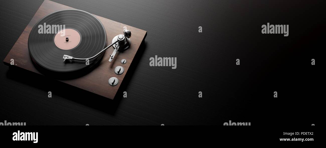 Vinyl LP record player, turntable on black wooden background, banner ...